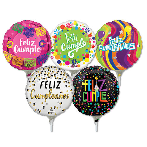 9 Inch Spanish Birthday Pre-Inflated Mini Stick Balloons ProfitPak 30pk ...