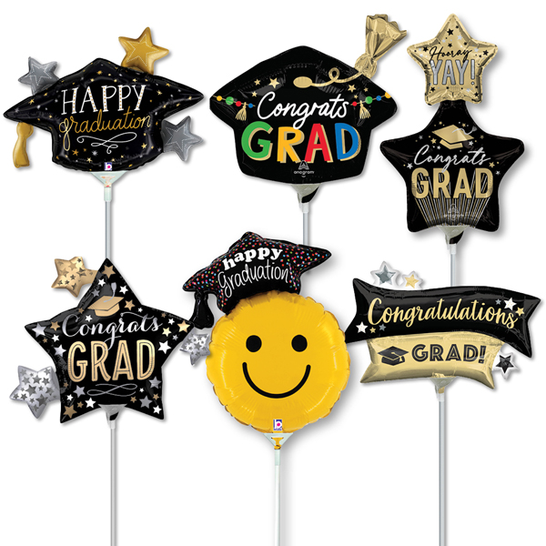 14 Inch Graduation Pre-Inflated Minishape Stick Balloons ProfitPak 16pk ...